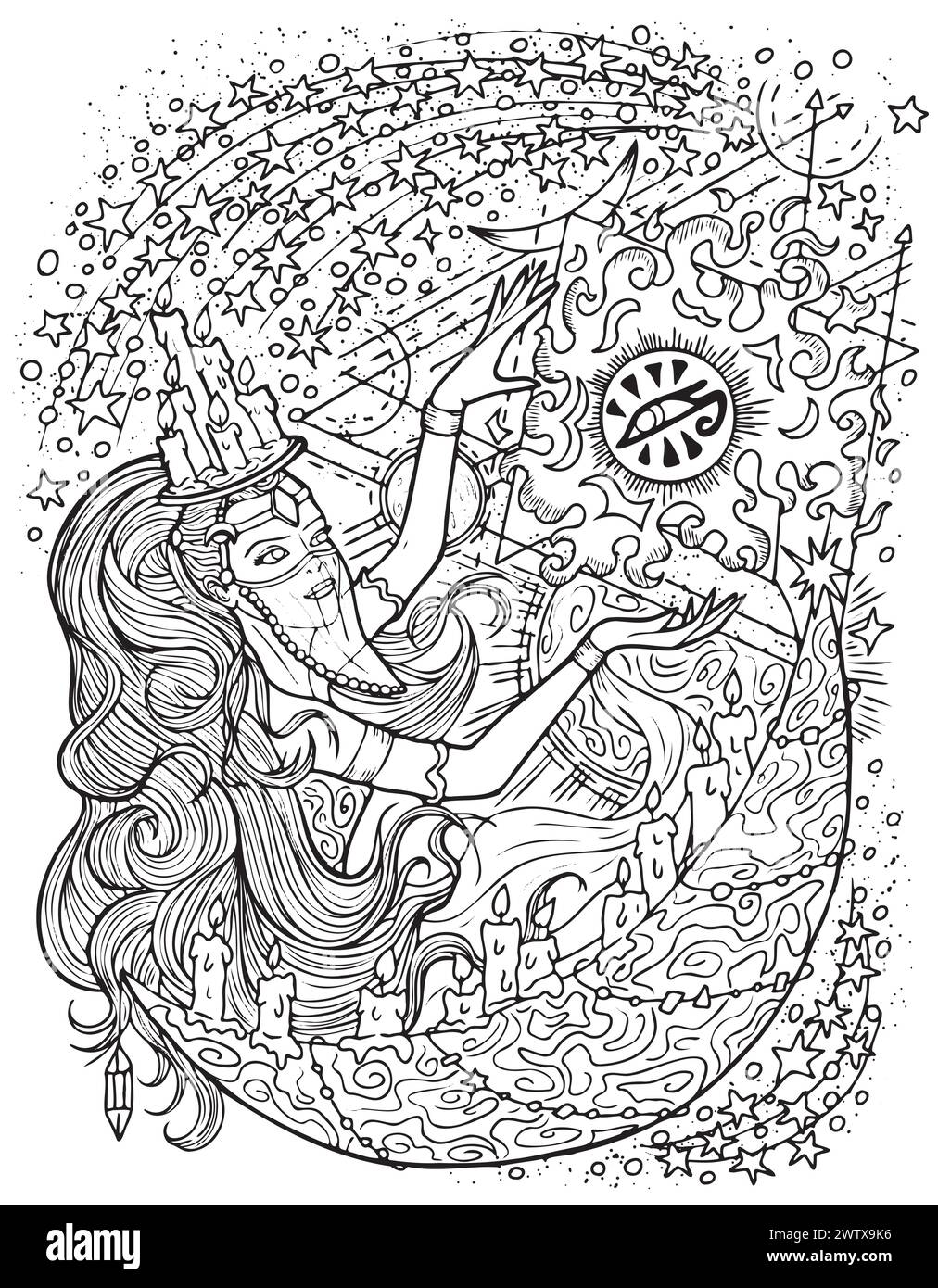 Fantasy engraved illustration with beautiful arabian woman as witch or ...
