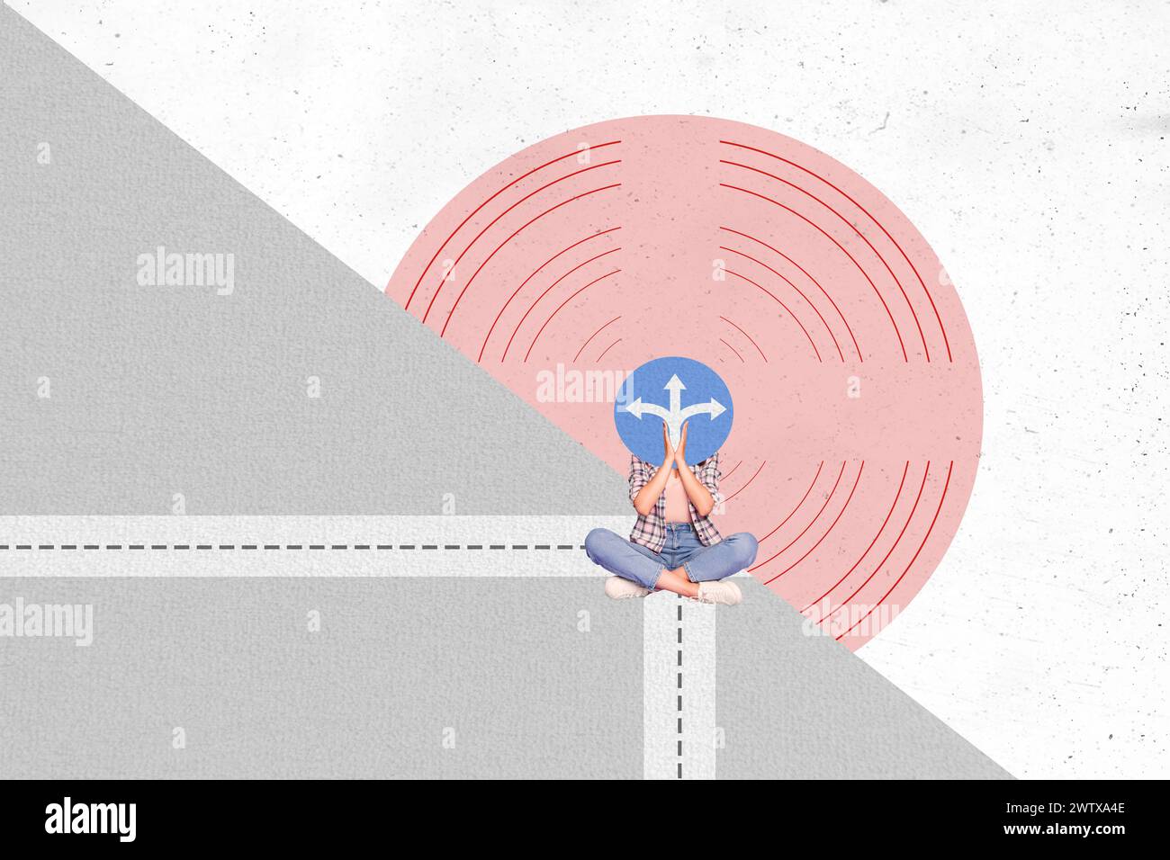 Photo collage picture young sitting girl headless roadsign instead face ...