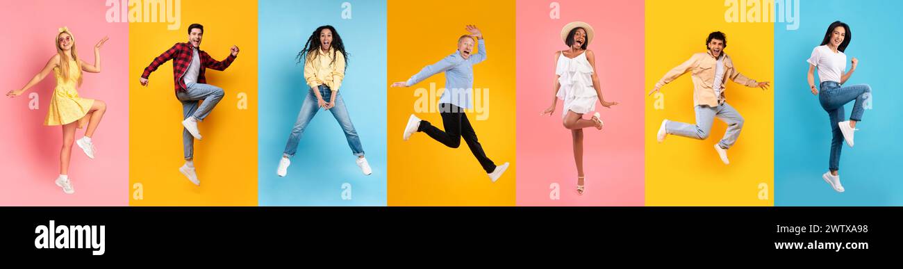 Diverse Overjoyed People Jumping In Air Against Colorful Studio ...