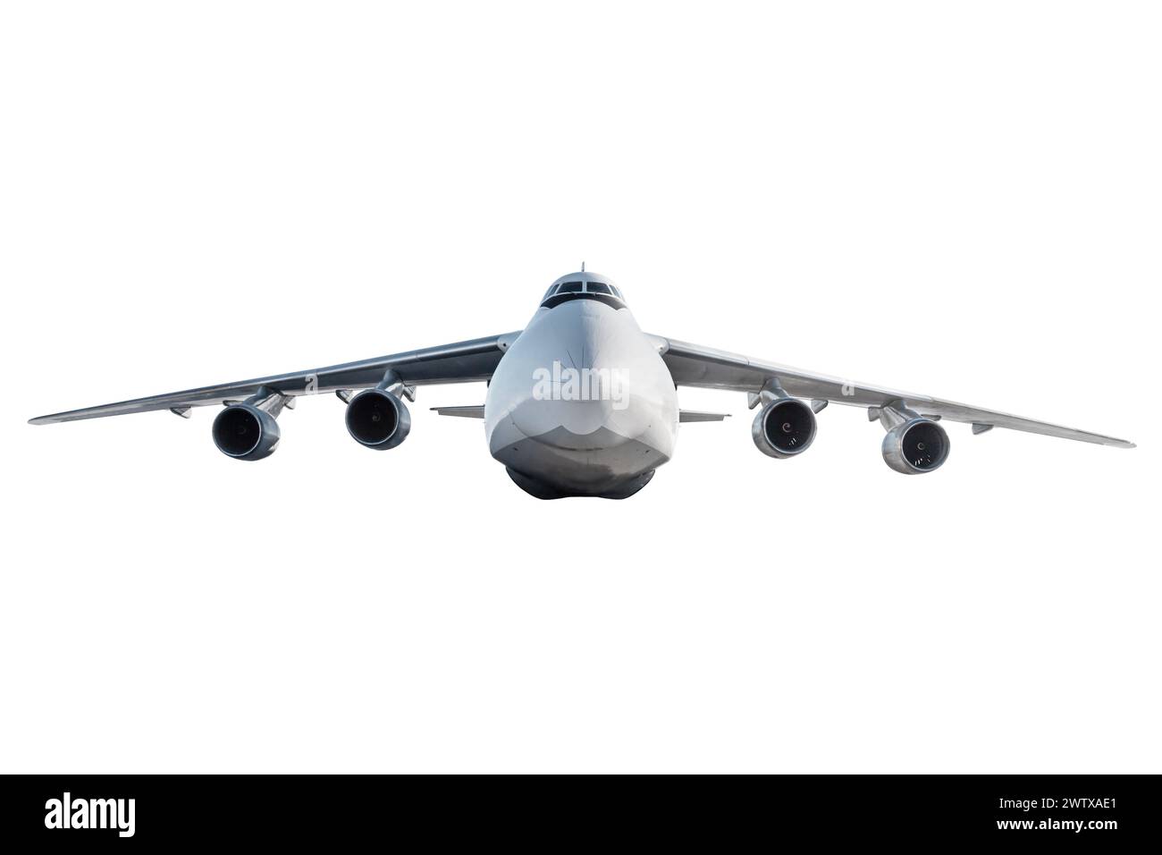 Front view of the wide body transport cargo aircraft flying isolated on ...