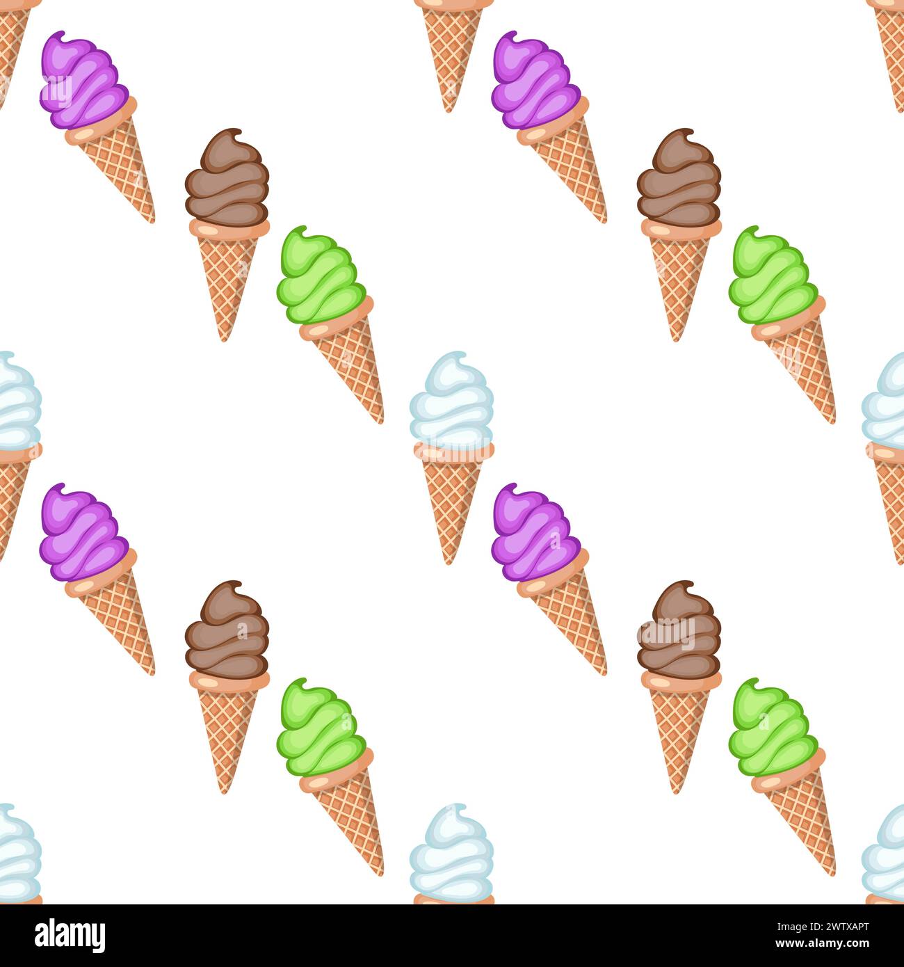 Multi-colored fruit ice cream in waffle cones. Seamless pattern. Vector ...