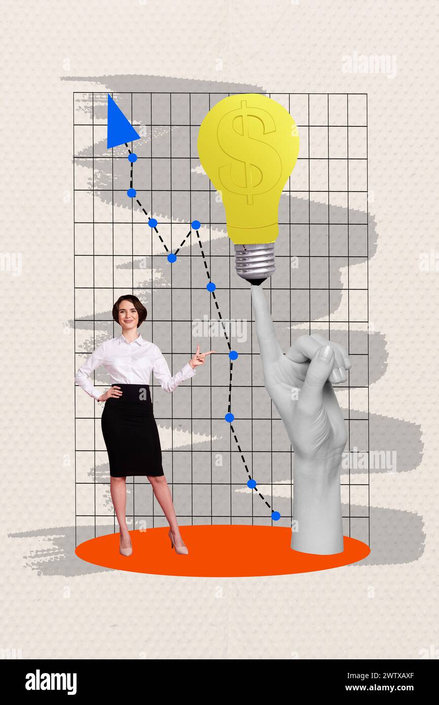 Vertical collage standing businesswoman present successful statistics ...