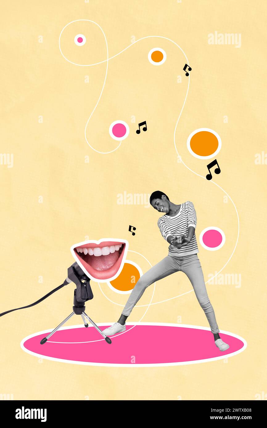Creative abstract template collage of dancing young girl have fun mouth ...