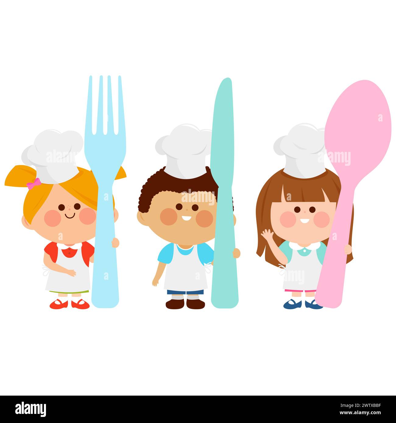 Children chefs holding a fork, a knife and a spoon. Kids meal. Cooking ...
