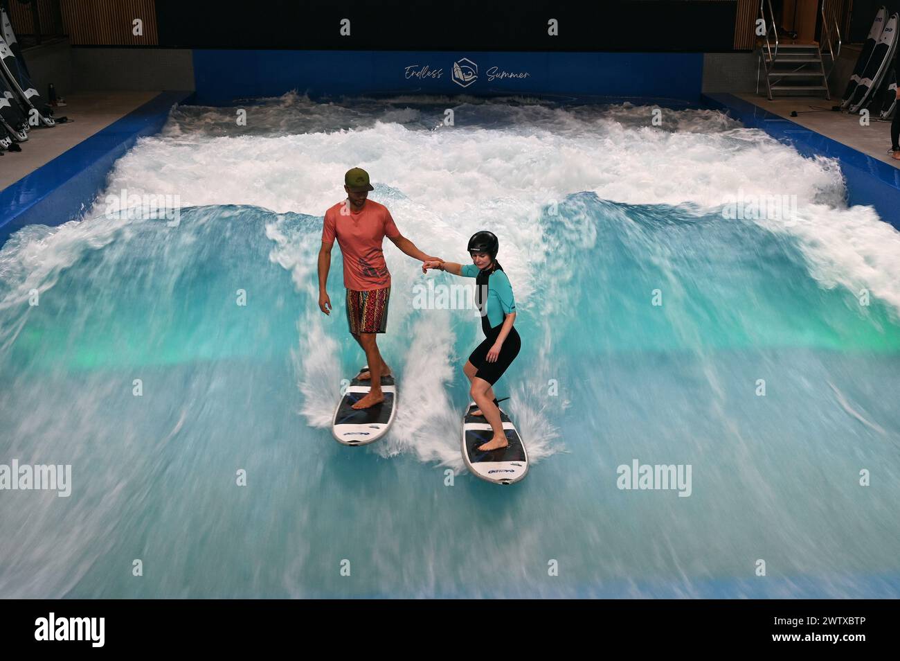 Artificial wave in the indoor surf hall RheinRiff in Düsseldorf ...