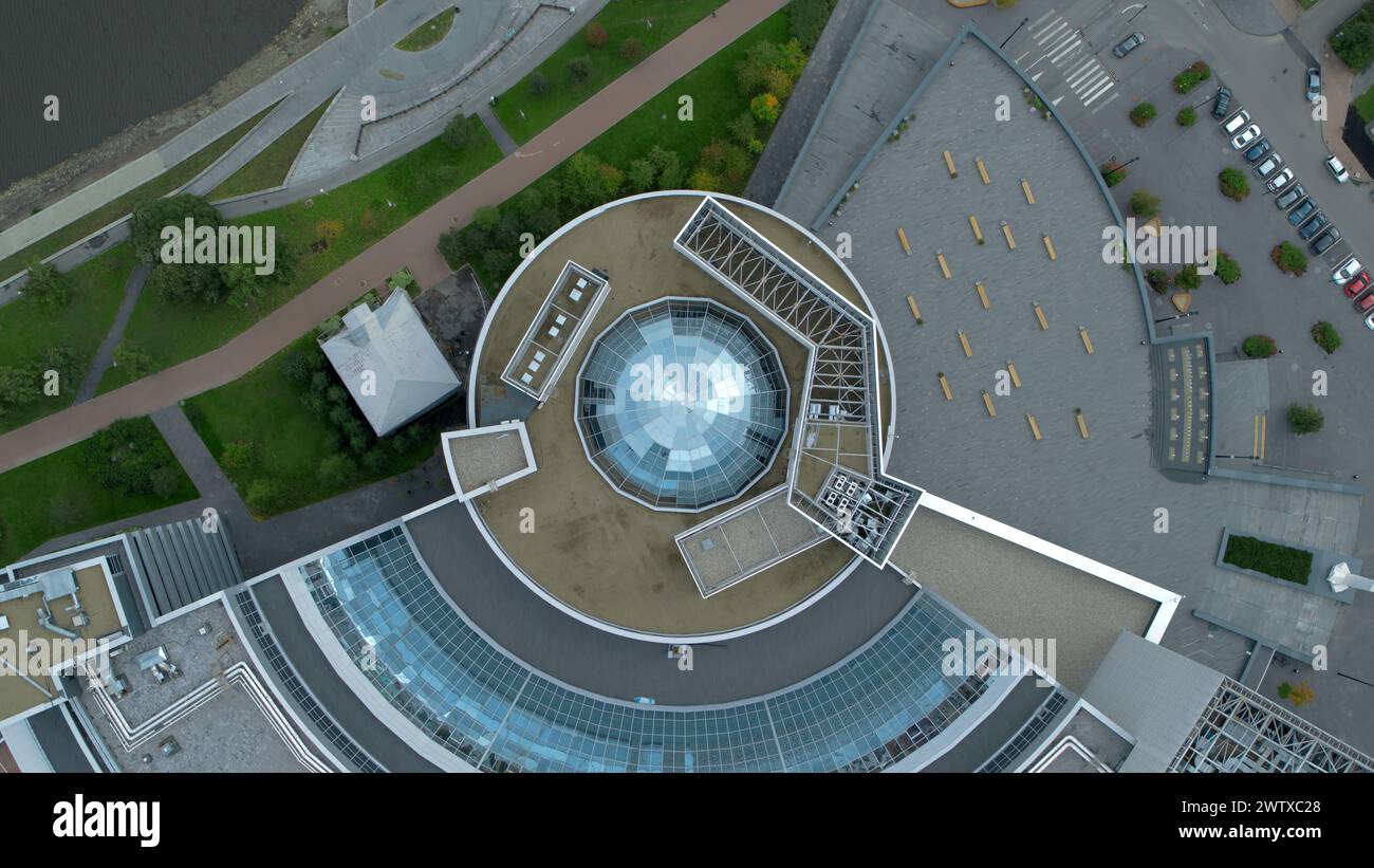 Top view of modern round building with dome. Stock footage. Beautiful ...