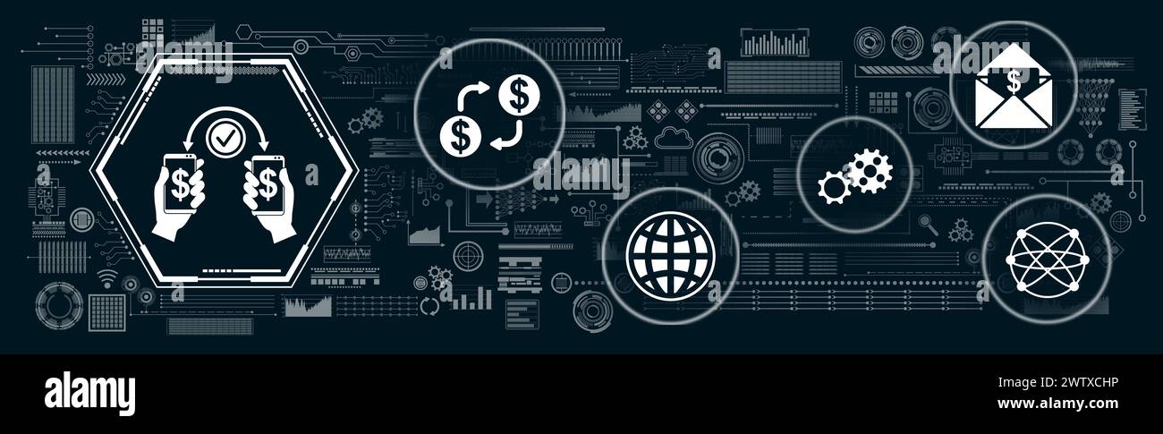 Concept of money transfer with icons on futuristic hud interface Stock ...
