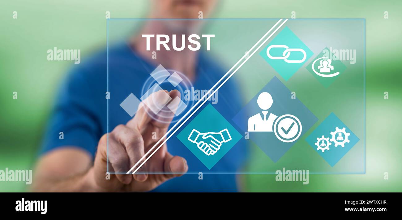 Man touching a trust concept on a touch screen with his finger Stock ...