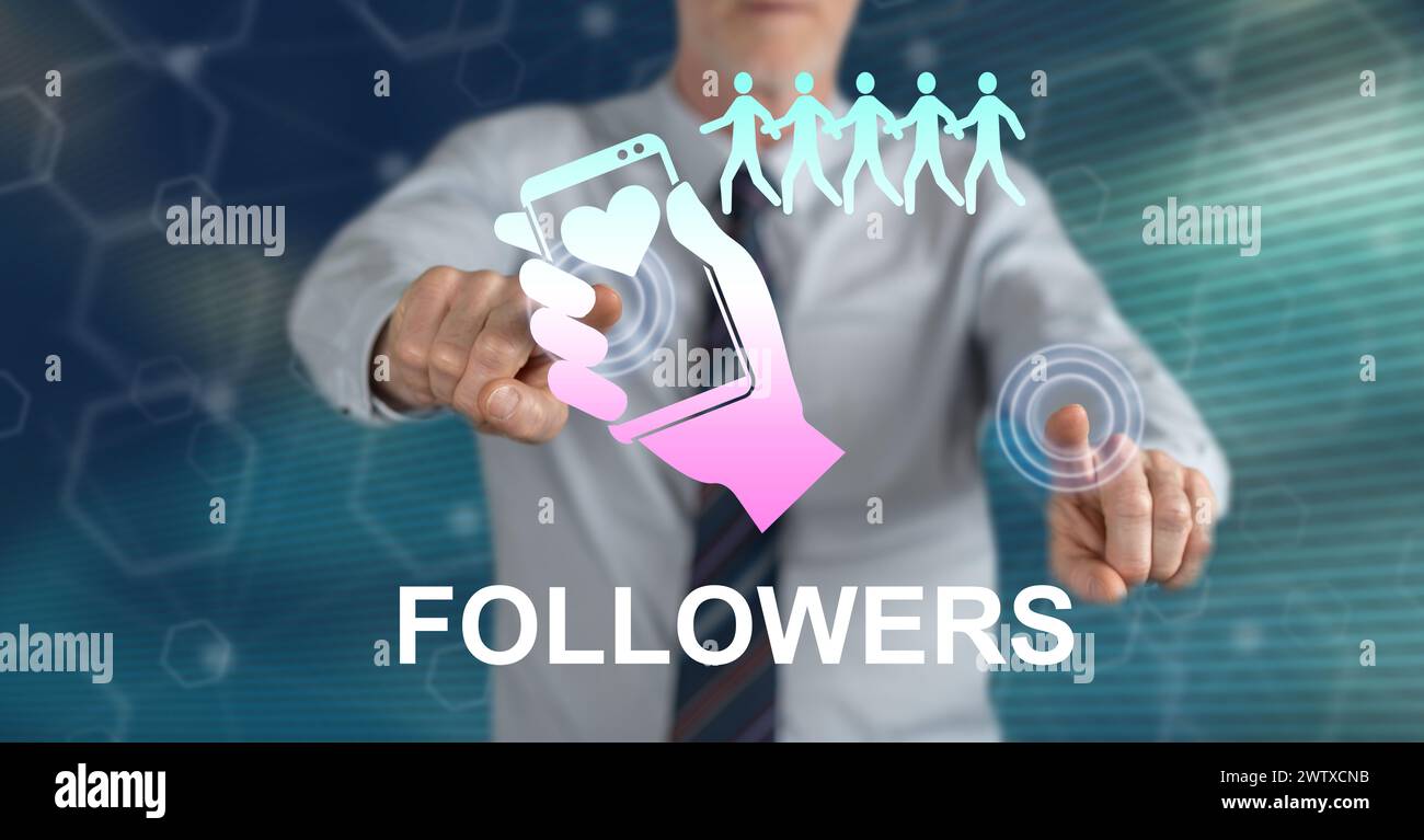Man touching a followers concept on a touch screen with his fingers ...
