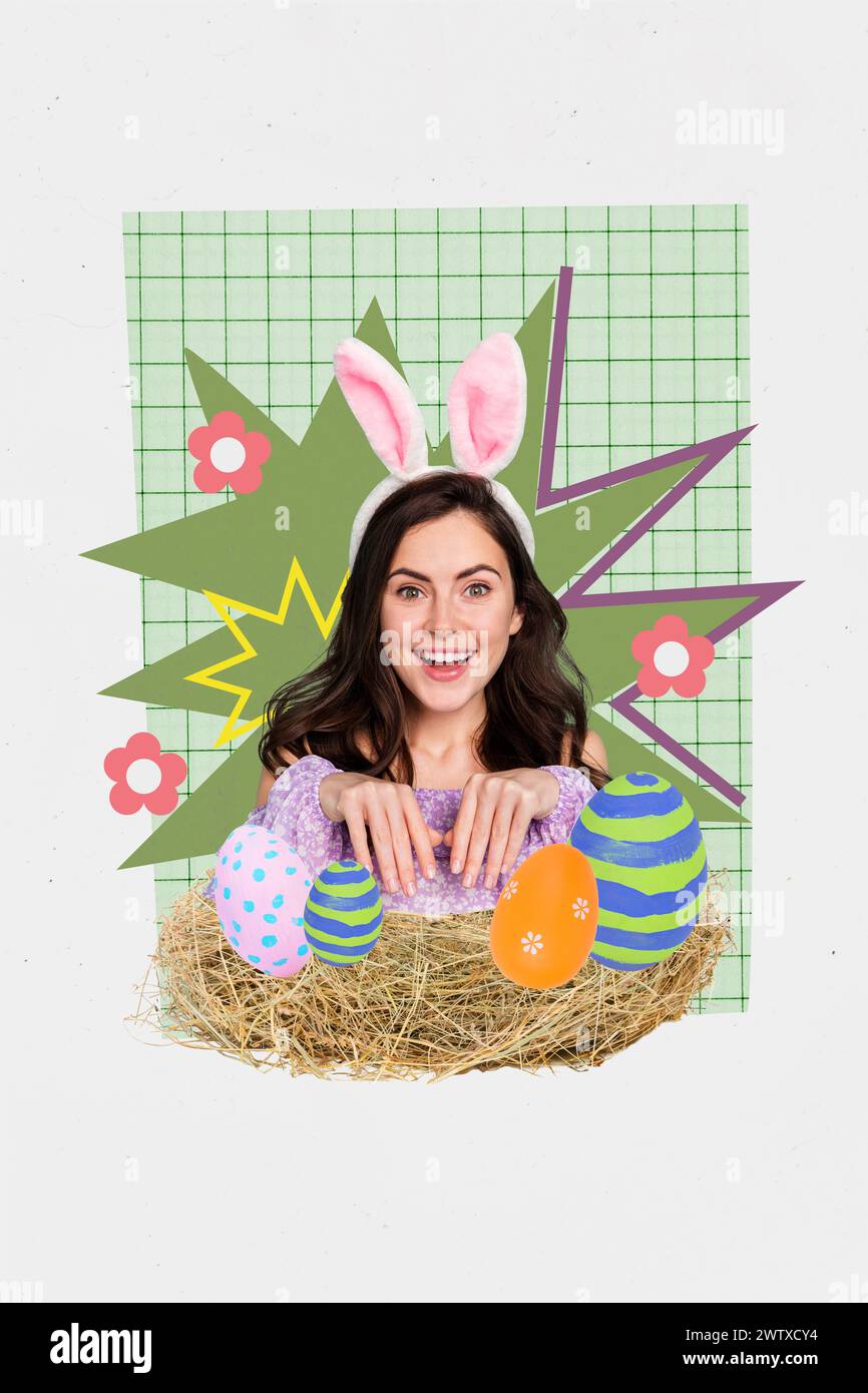 Picture collage artwork of cheerful lovely girl sitting nest handmade ...