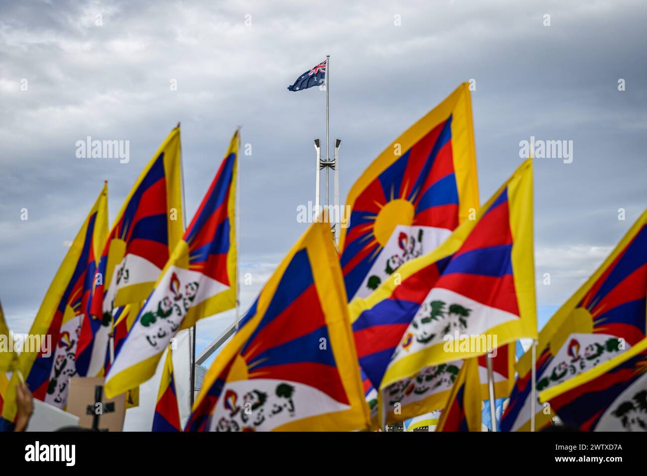 The national flags of Tibet seen waving in the air during the ...
