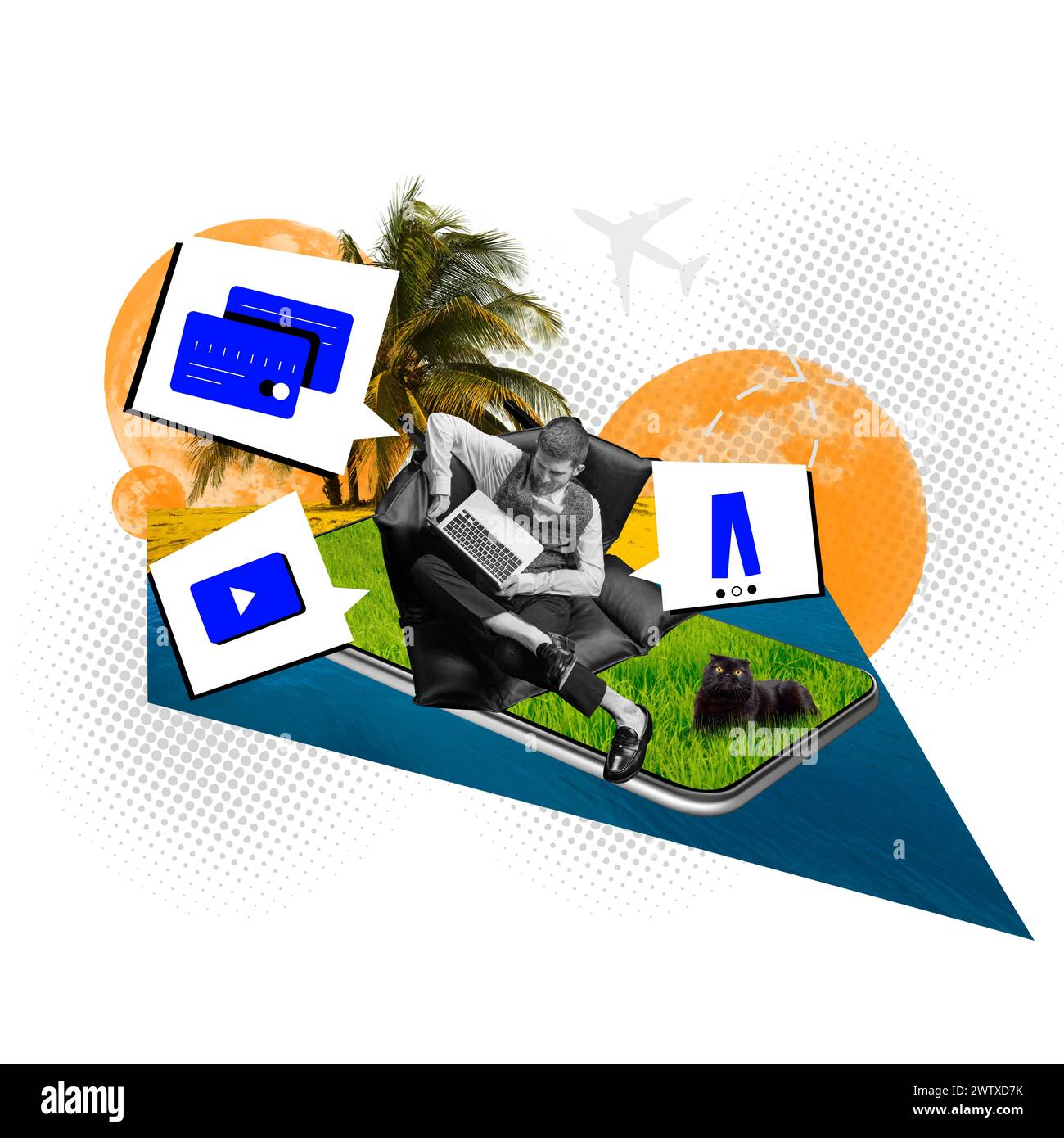 Work-vacation balance. Man sitting on phone screen, working on laptop ...