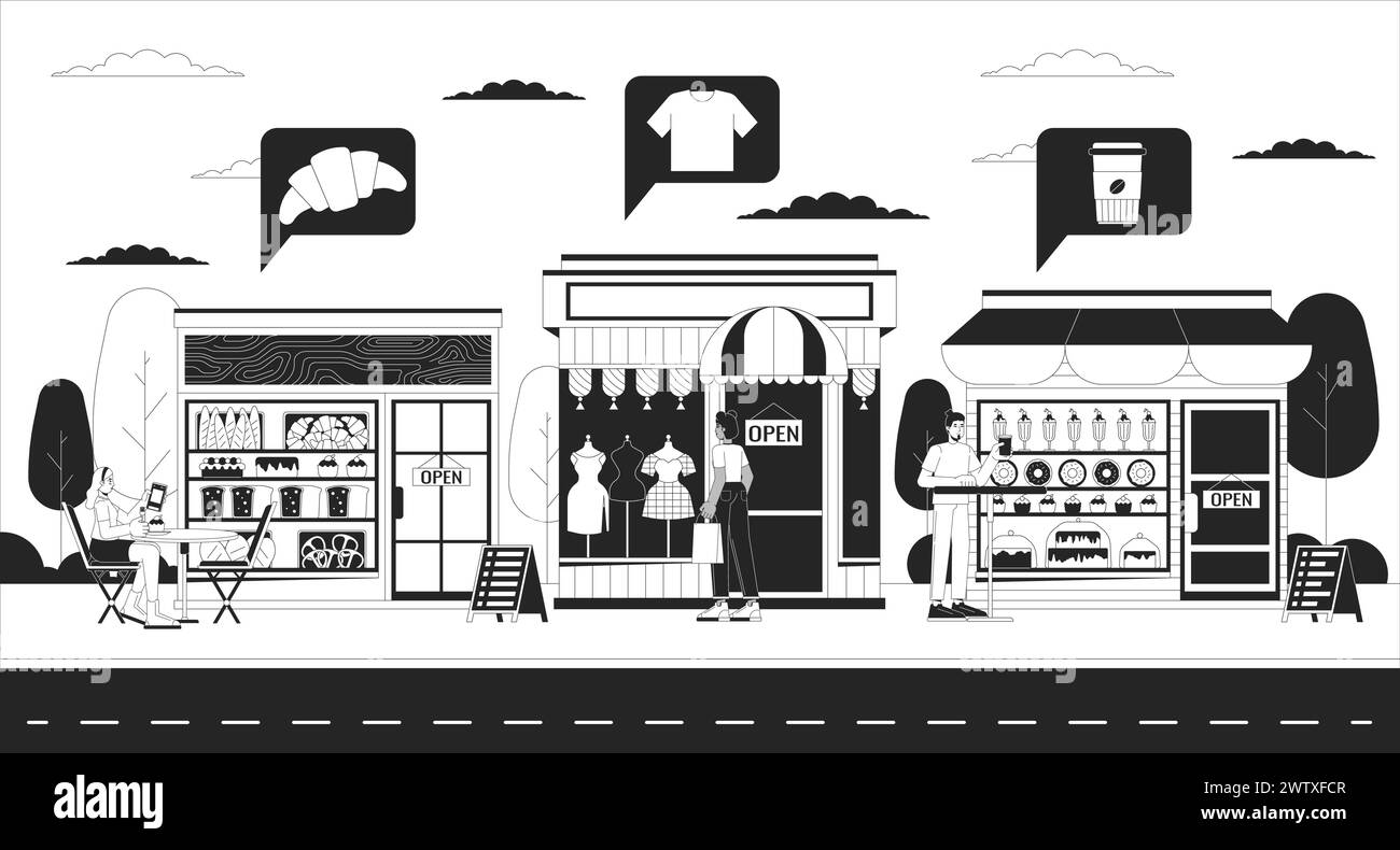Local small businesses black and white 2D illustration concept Stock ...