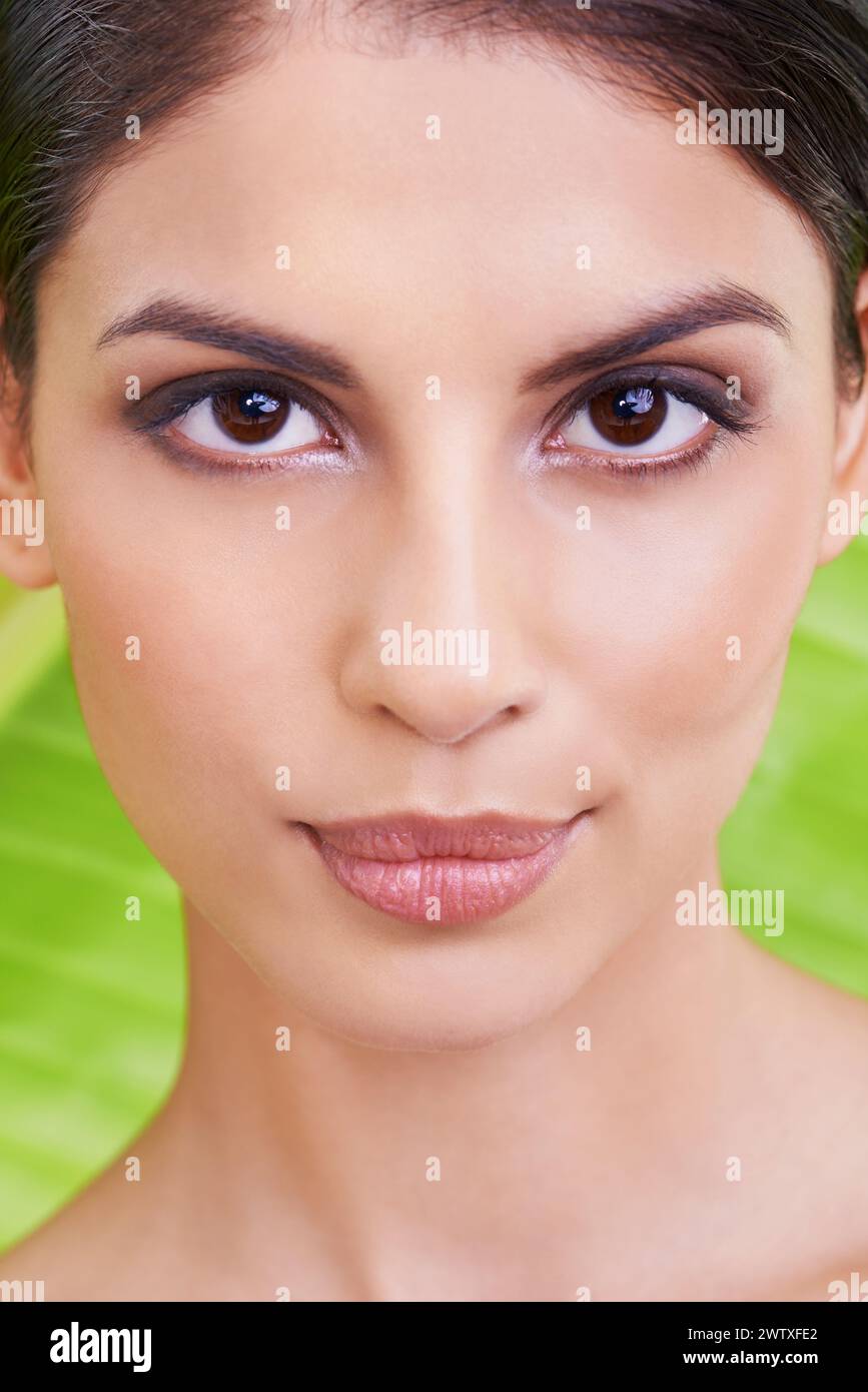 Face closeup, woman and beauty with palm leaf background, makeup and ...