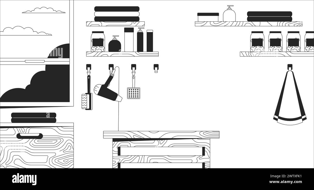 Pet grooming salon interior black and white line illustration Stock ...