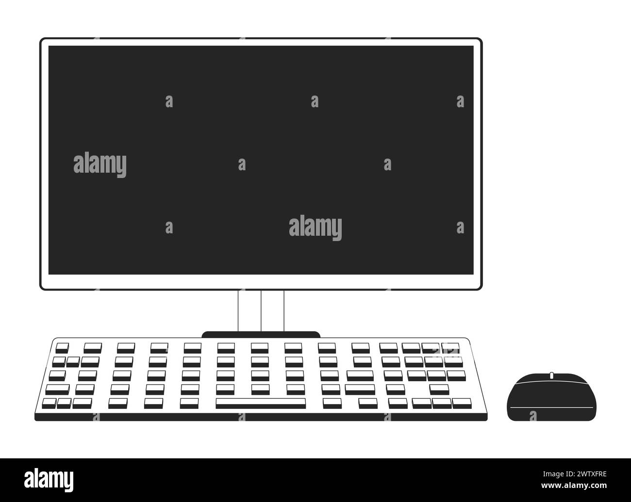 Computer with empty monitor black and white 2D line cartoon object ...