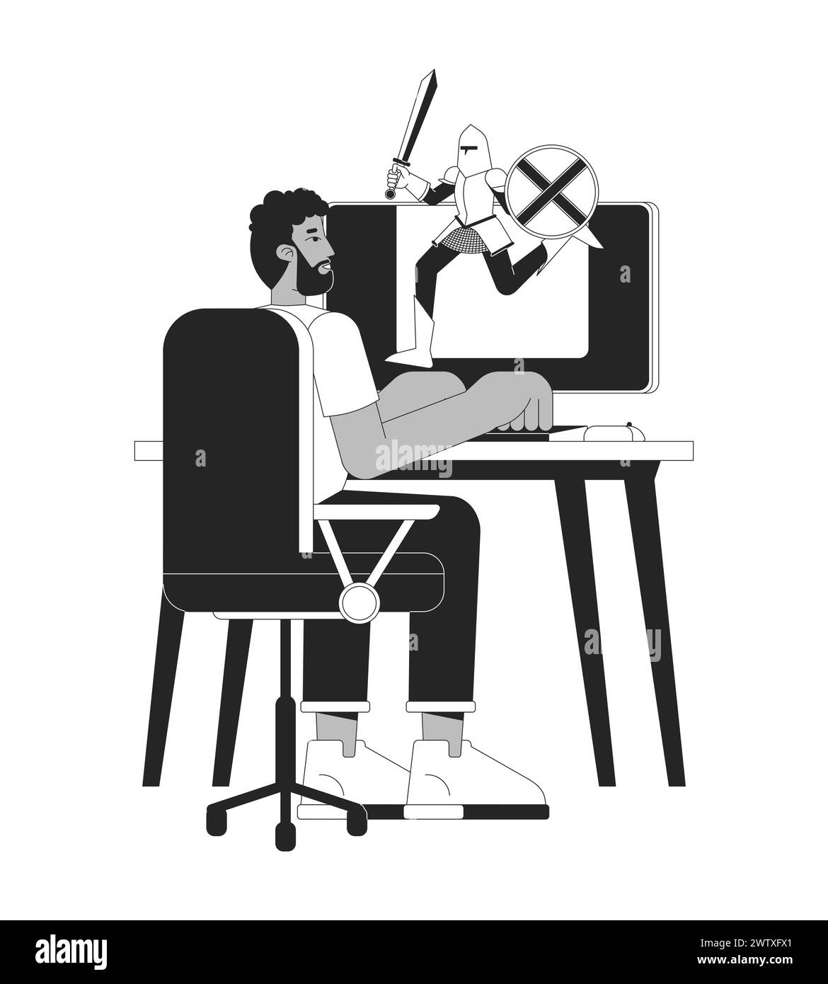 African American Man Playing Realistic Videogame Black And White 2d