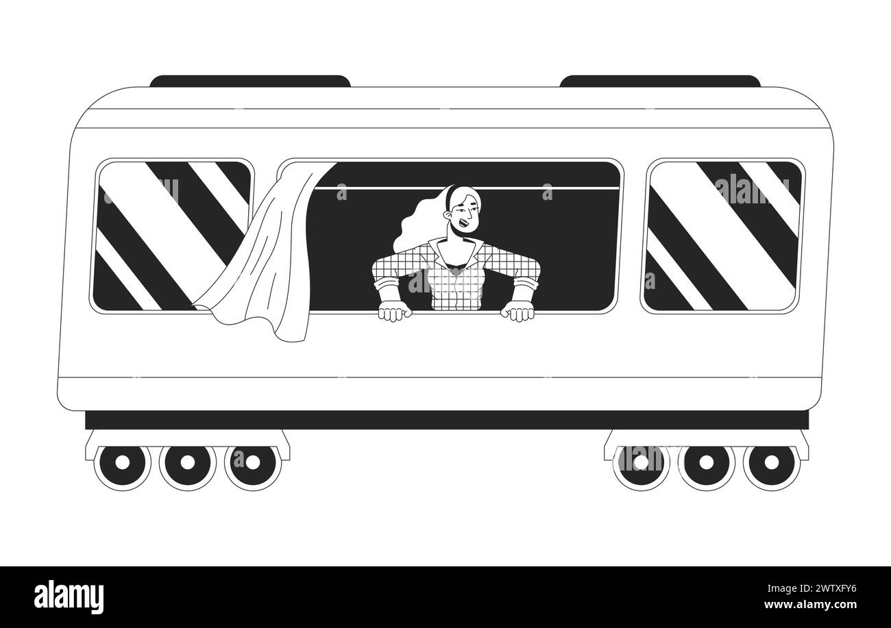 Excited woman from train window black and white 2D line cartoon ...