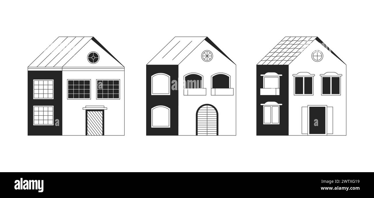 Three houses contemporary black and white 2D line cartoon objects set Stock Vector Image & Art ...