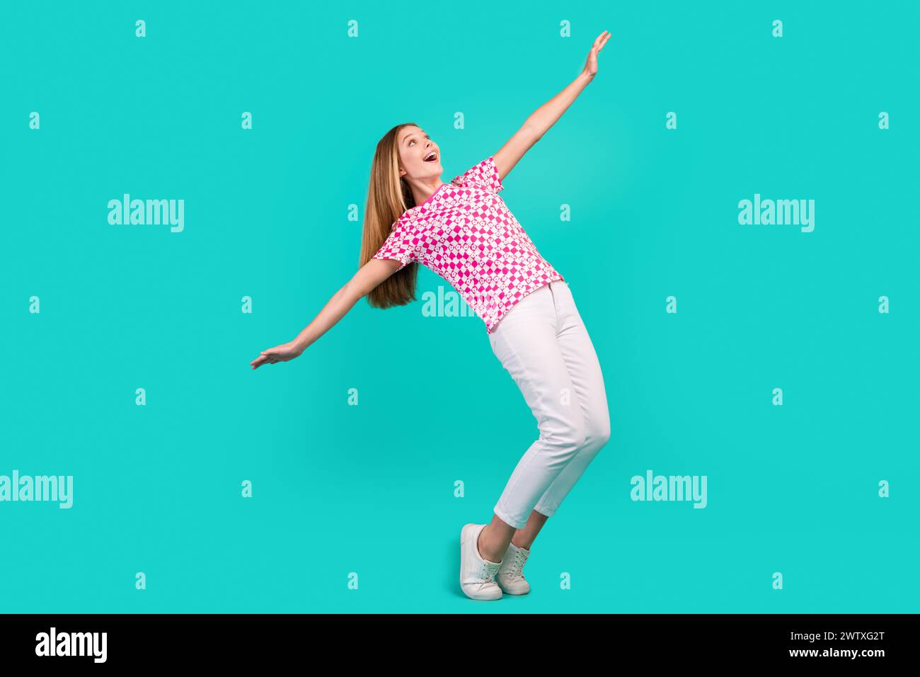 Full body photo of nice teen woman falling back spread hands wear ...