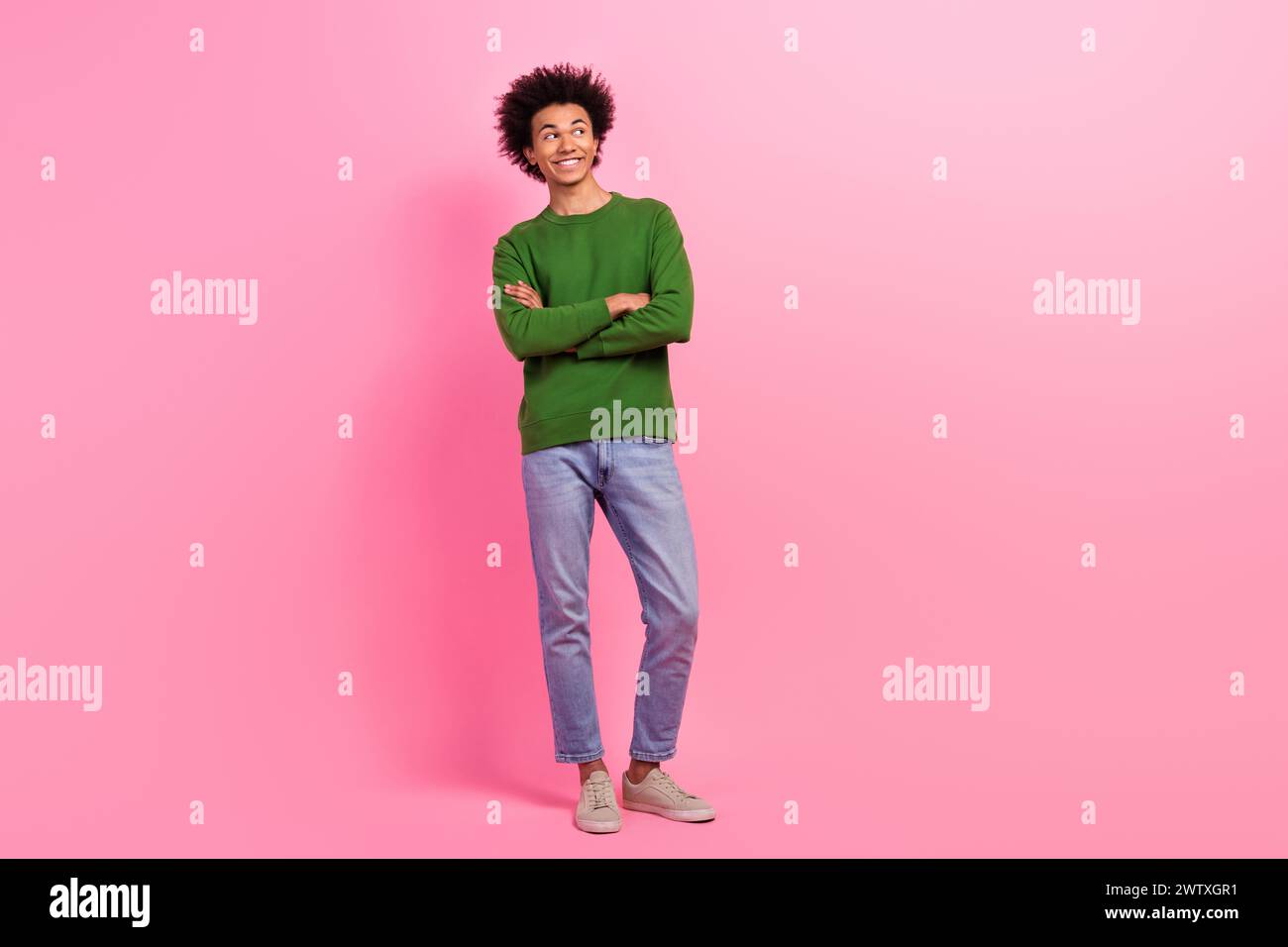 Full length photo of happy positive guy manager cross hands look empty ...