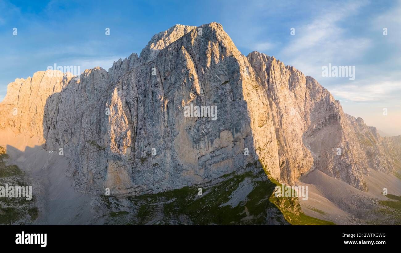 Aerial view of north corner of the Presolana at sunset. Val di Scalve ...