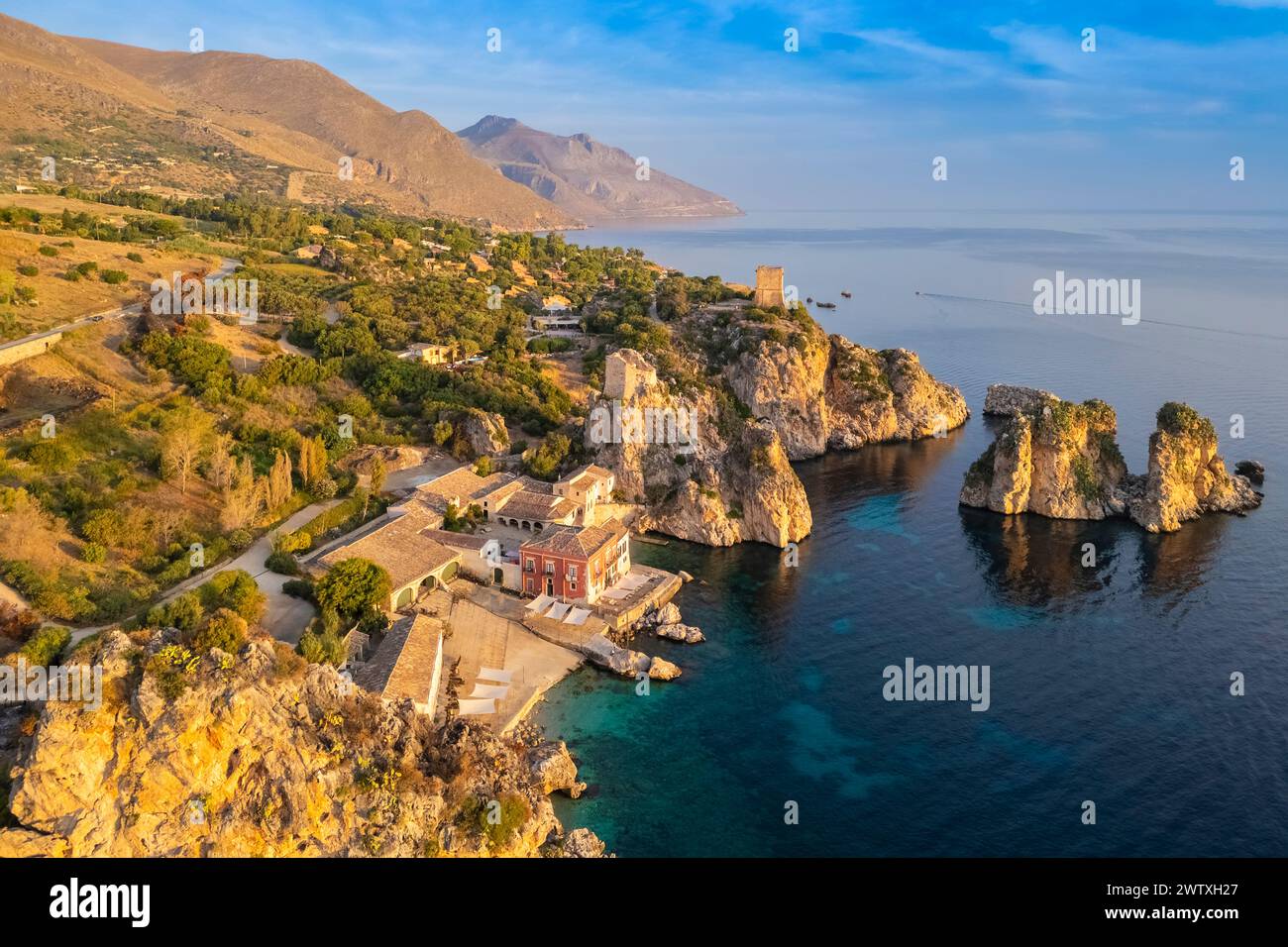 Aerial view of the famous old tonnara and stacks of Scopello ...