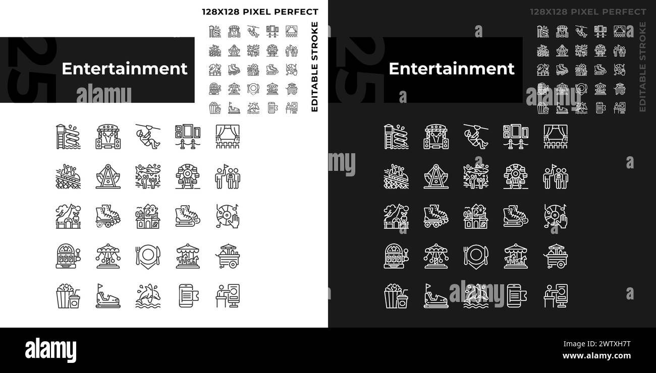 Entertainment activities pixel perfect linear icons set for dark, light mode Stock Vector Image ...