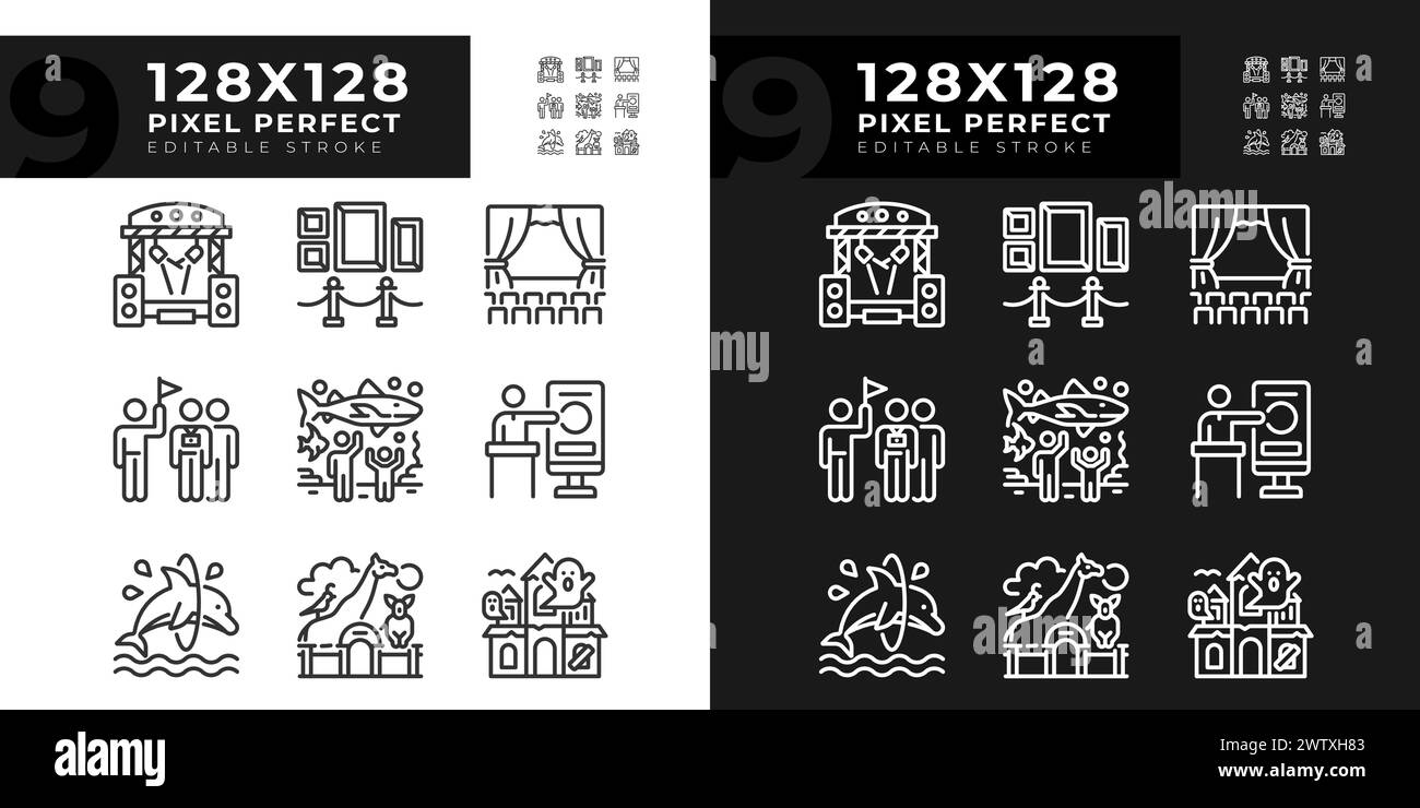 Entertainment events pixel perfect linear icons set for dark, light mode Stock Vector Image ...
