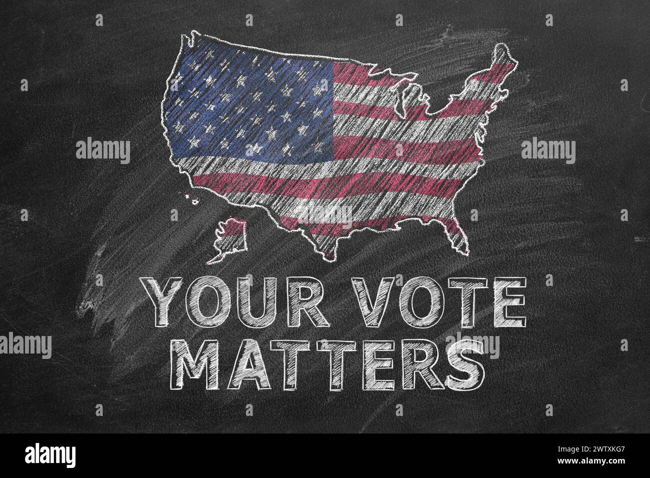 The inscription YOUR VOTE MATTERS and map of US in the colors of the ...