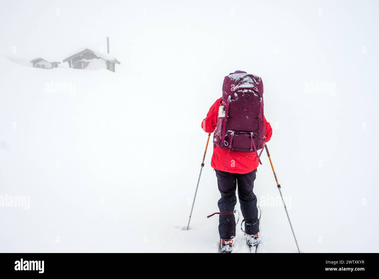 A ski tourer heading towards a mountain cabin in poor visibility ...