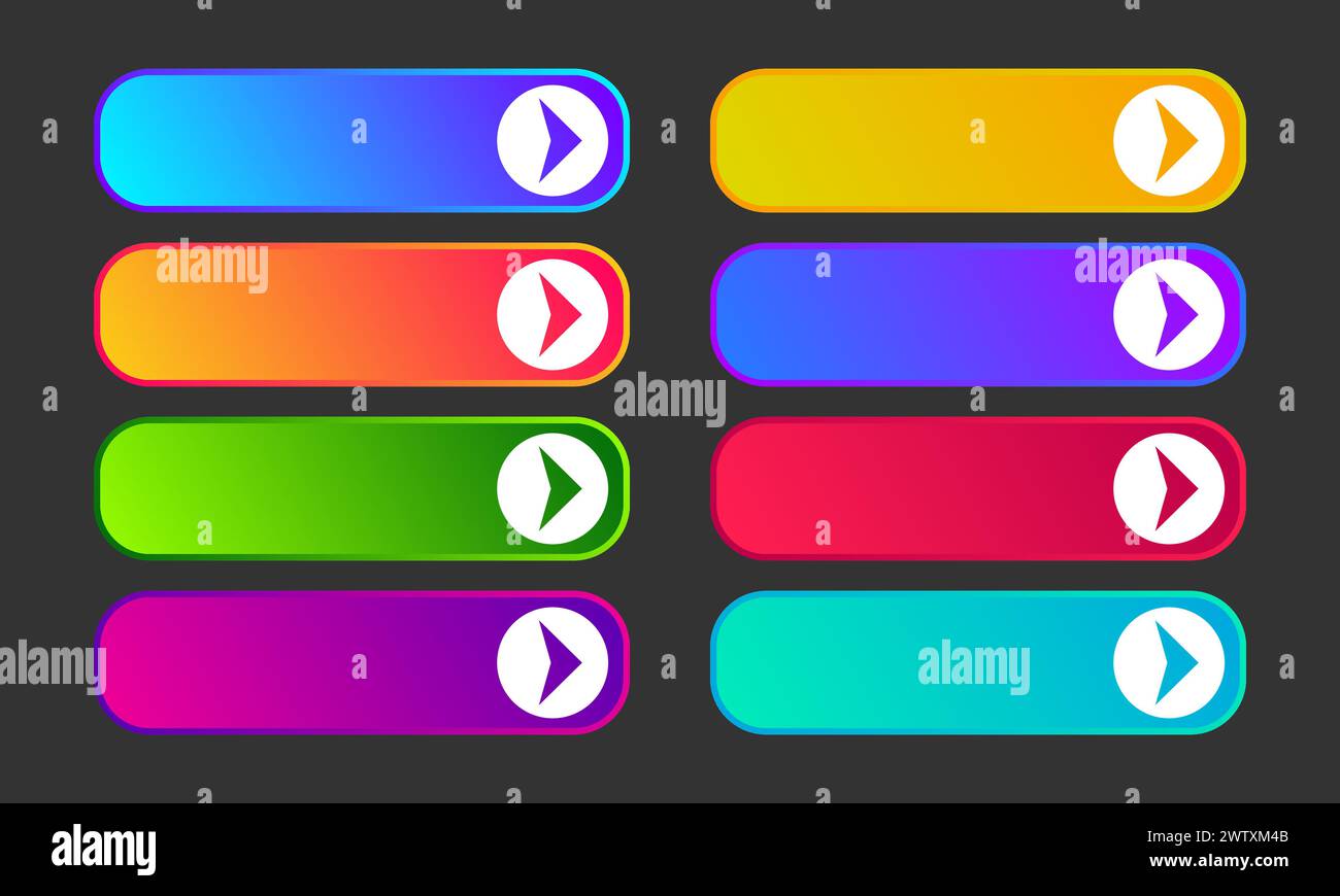 Colorful gradient buttons with arrows. Set of eight modern abstract web ...