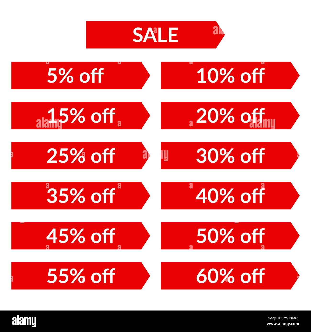 Set of red sale ribbons with different discount values. Sale label ...