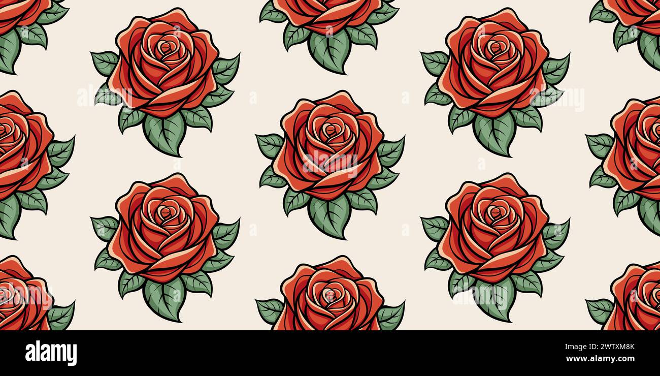 Elegant seamless pattern of stylized red roses with green leaves on a ...
