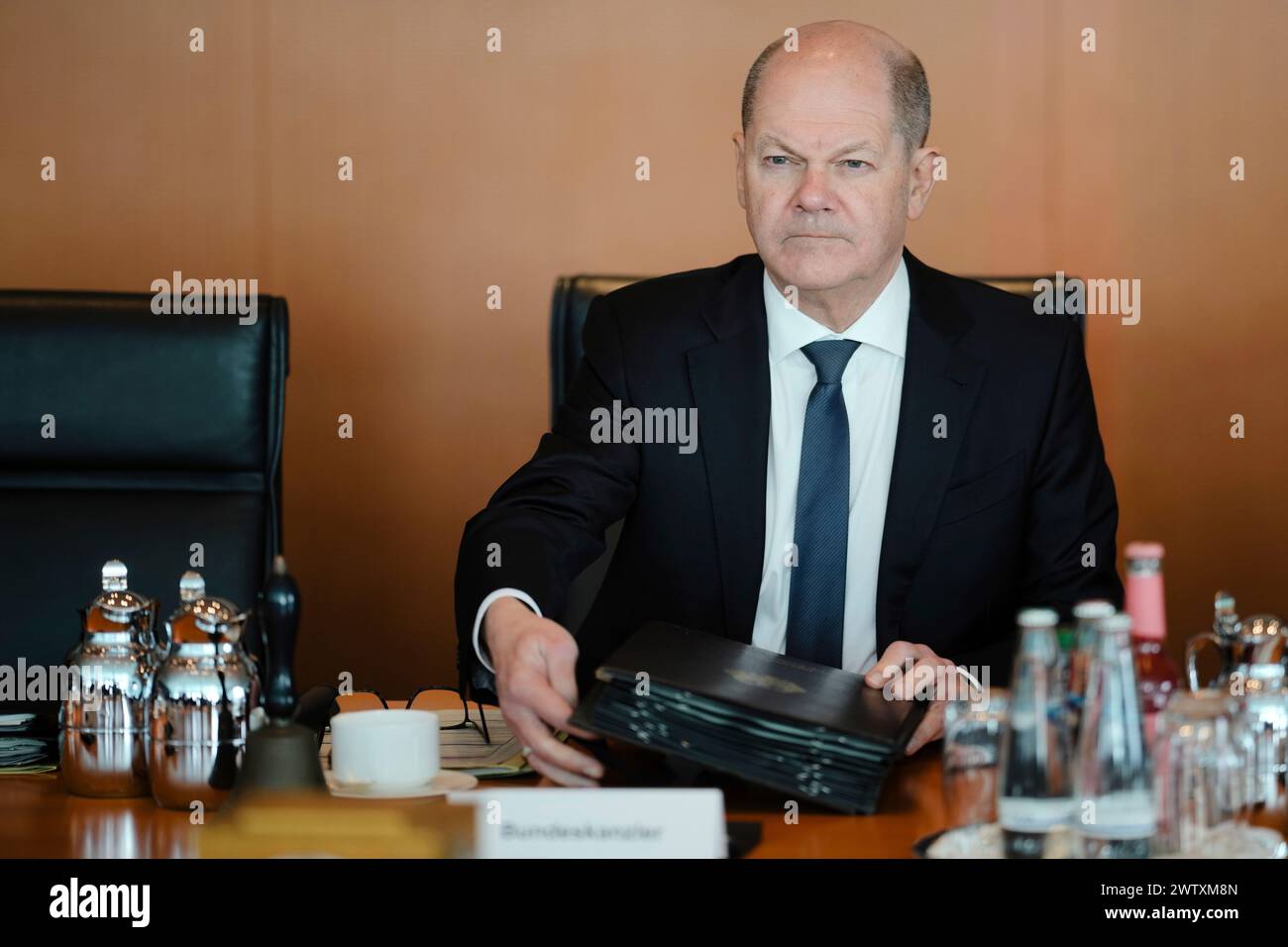 German Chancellor Olaf Scholz arrives for the weekly cabinet meeting at ...