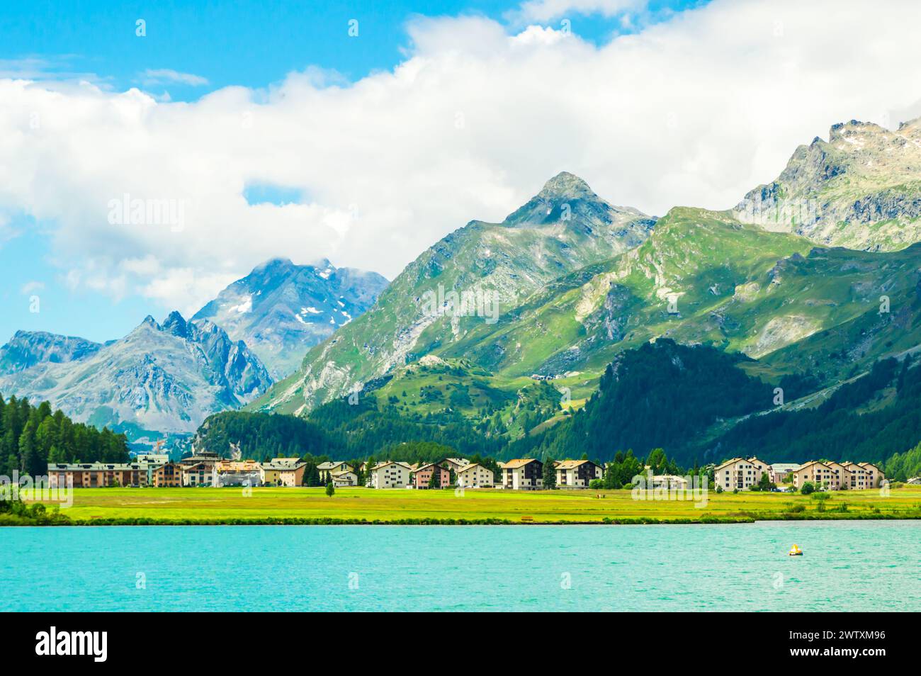 A view of the Upper Engadine, Lake Silvaplana, and the village of Segl ...
