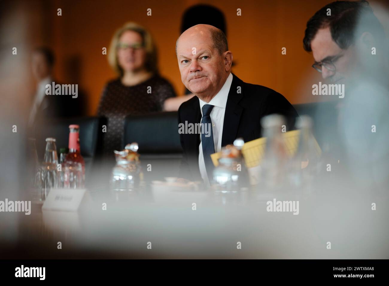German Chancellor Olaf Scholz, center, arrives for the weekly cabinet ...