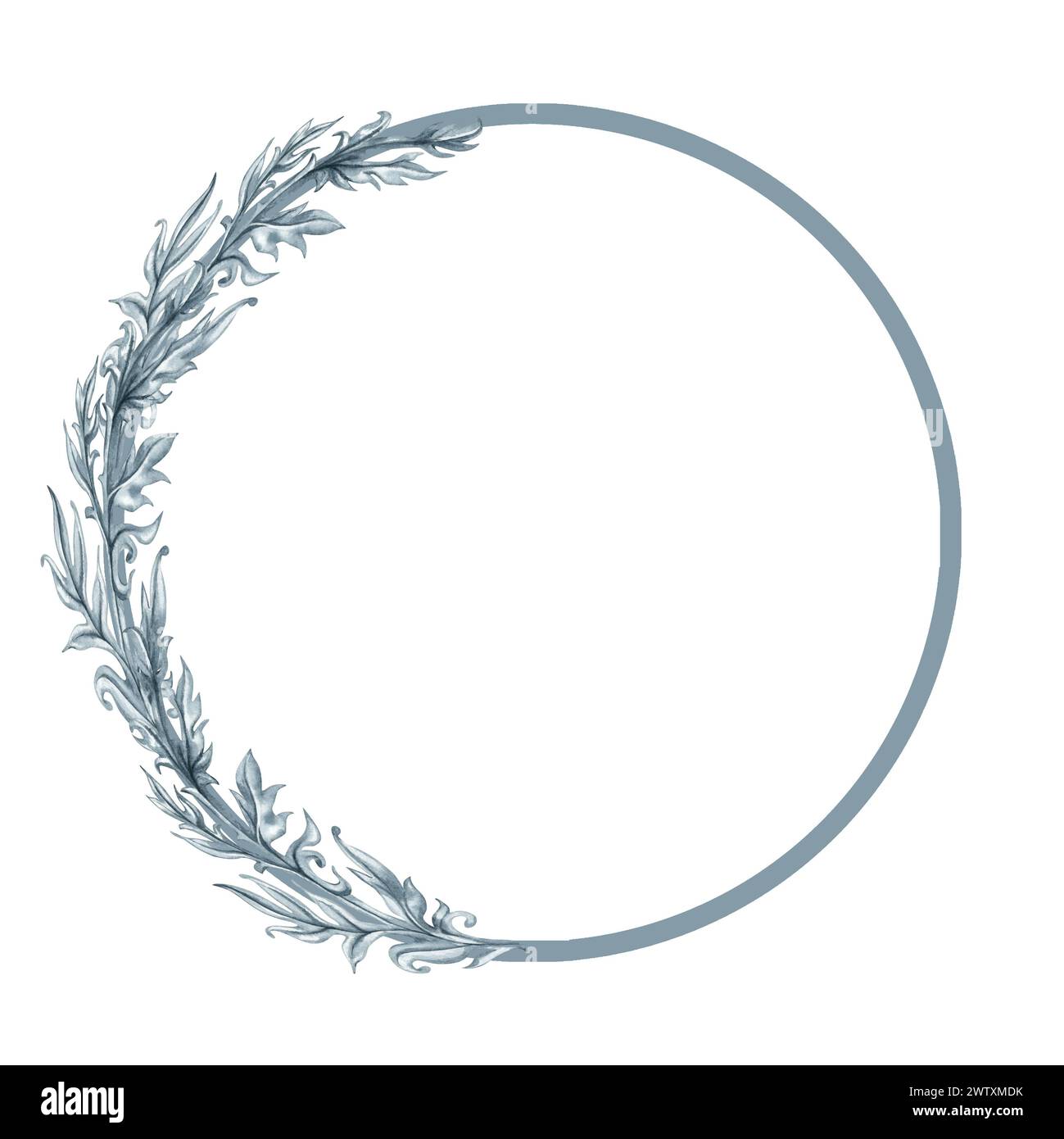 Watercolor monochrome gray round frame of abstract plant patterns and ...