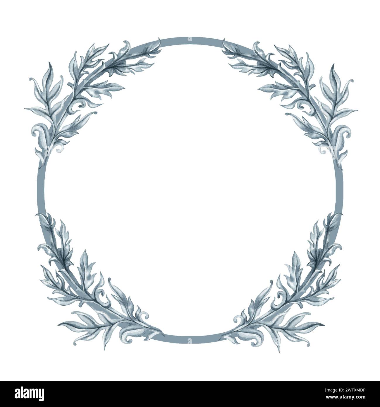 Watercolor monochrome gray round frame of abstract plant patterns and ...