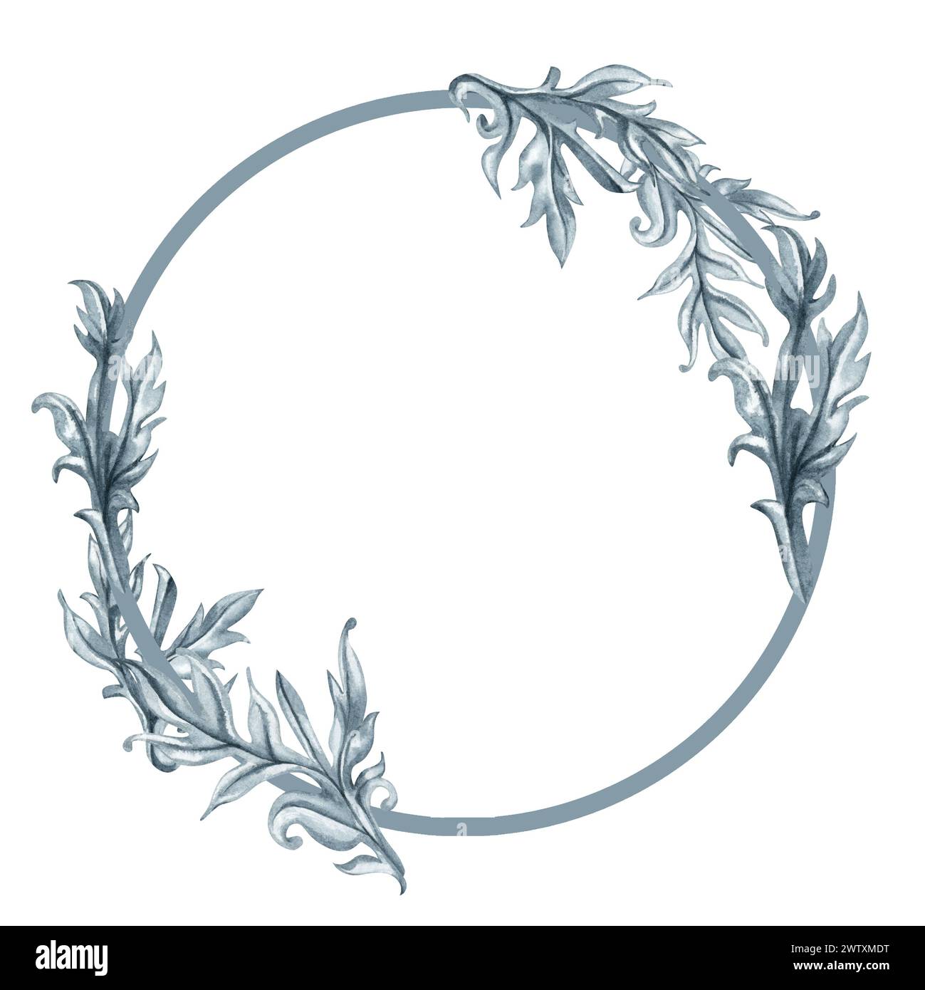 Watercolor monochrome gray round frame of abstract plant patterns and ...