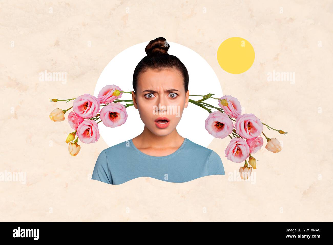 Photo collage image young unhappy girl shocked confused reaction ...