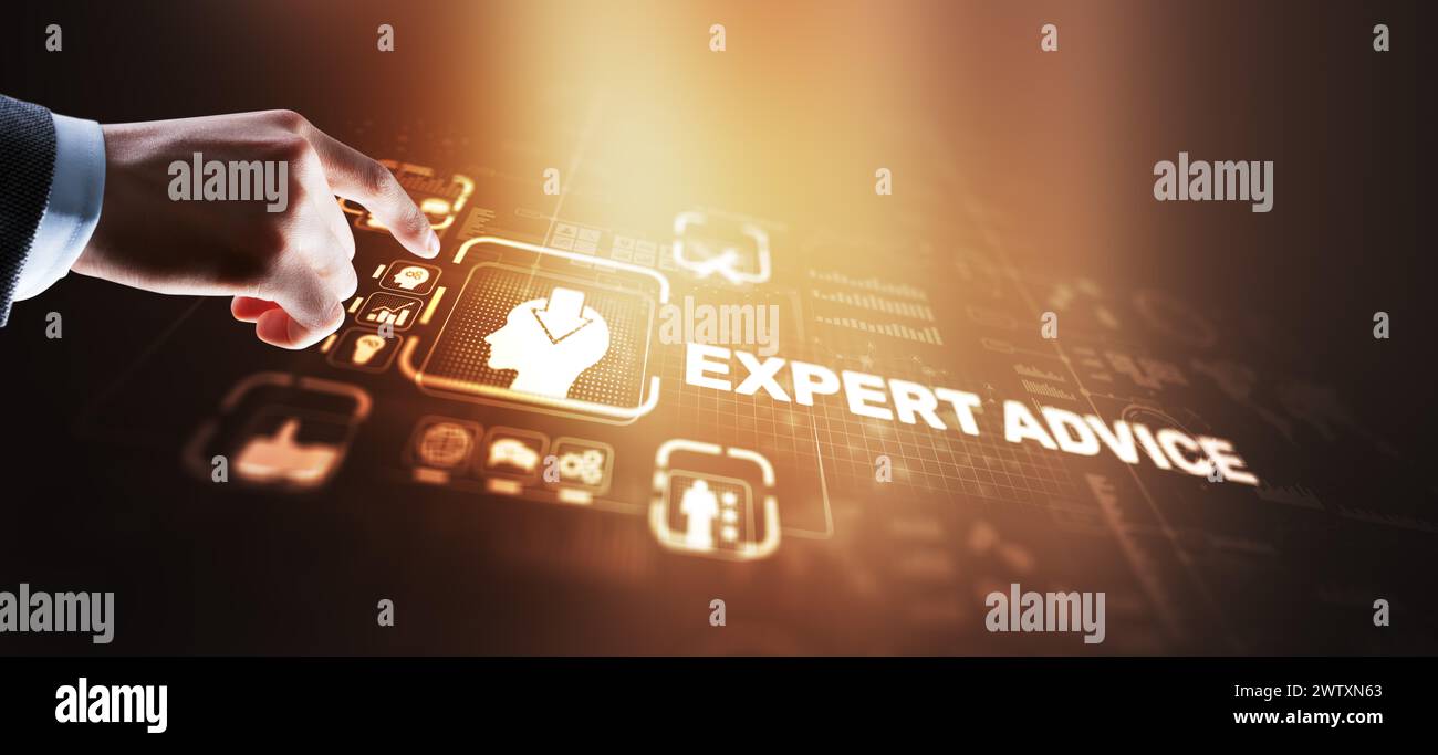 Expert advice. Businessman hand touching inscription on virtual screen ...