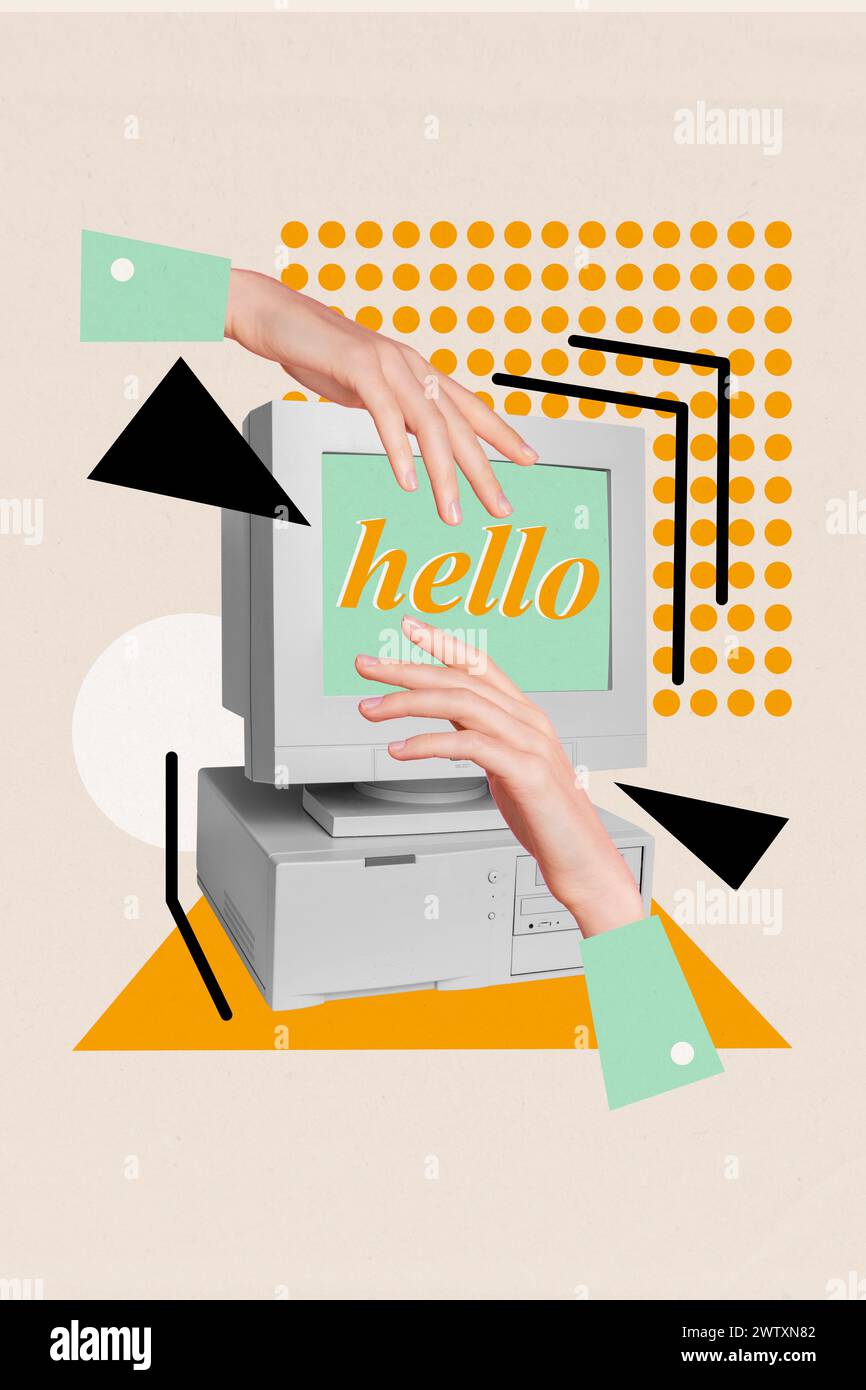 Vertical photo collage of hands touch computer old fashioned monitor ...