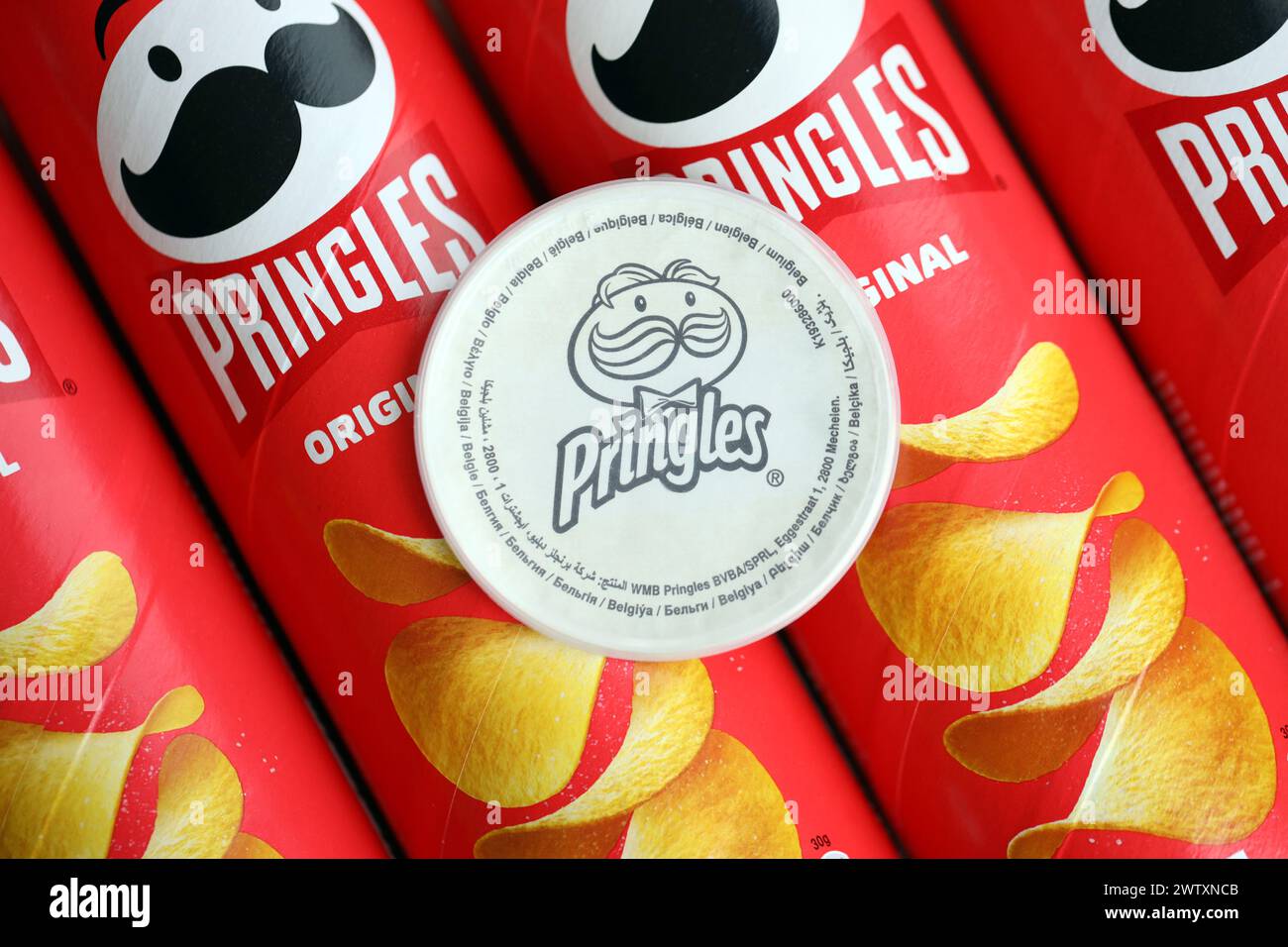 KYIV, UKRAINE - FEBRUARY 27, 2024 Pringles original potato chips on ...