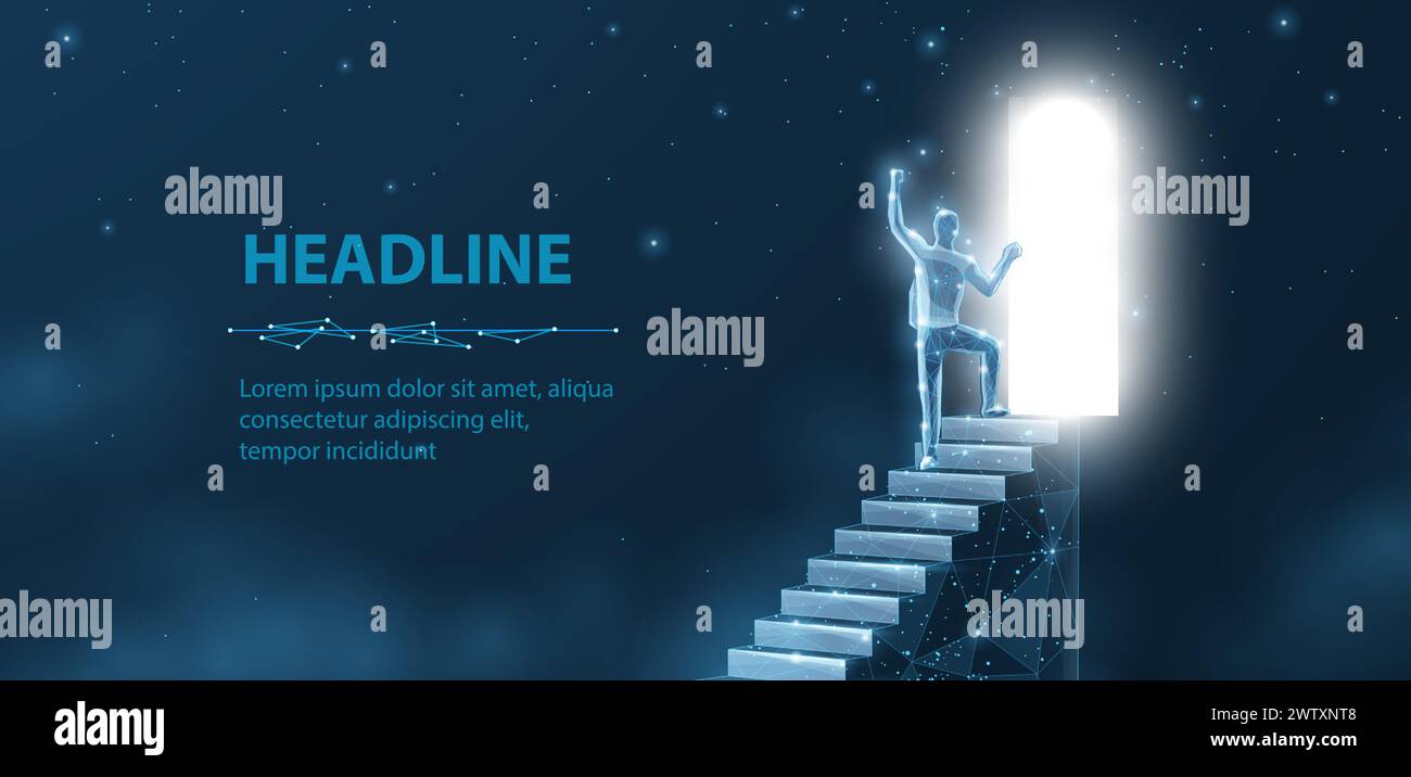 Door and man on the top of ladder. Digital success, succeed path ...