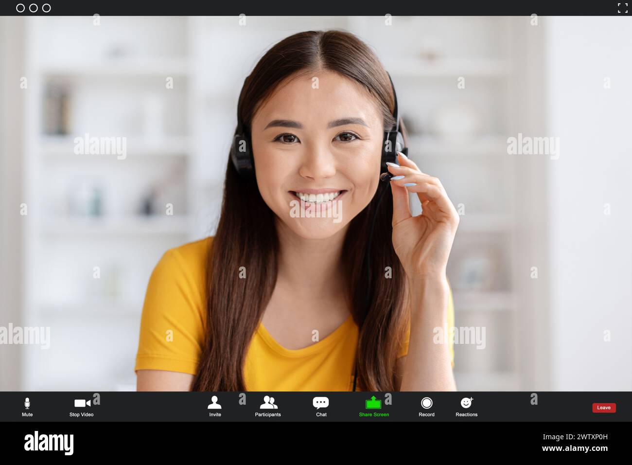 Asian woman wearing headset engaging in video call, collage with user ...