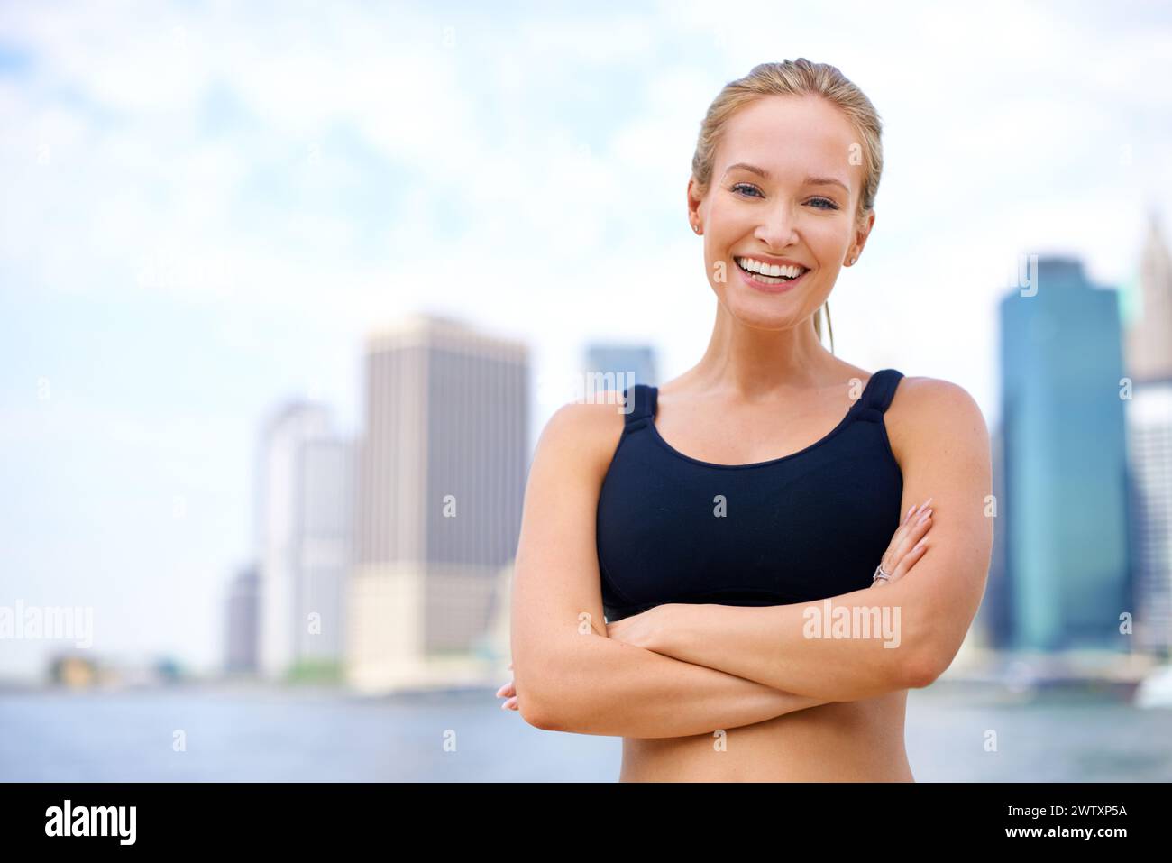 Exercise, portrait and woman with arms crossed for wellness, morning ...