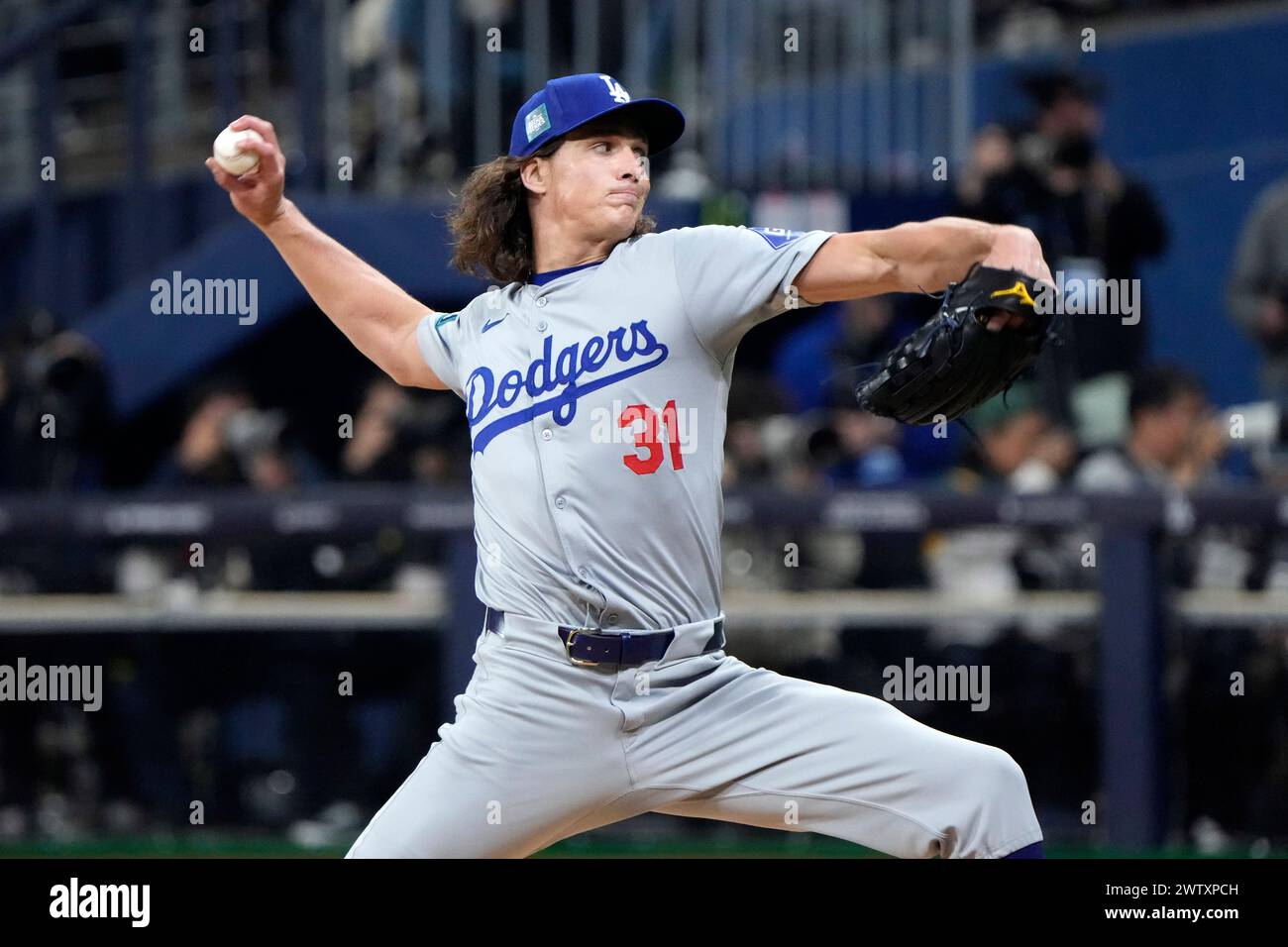 Los Angeles Dodgers starting pitcher Tyler Glasnow throws to the plate ...