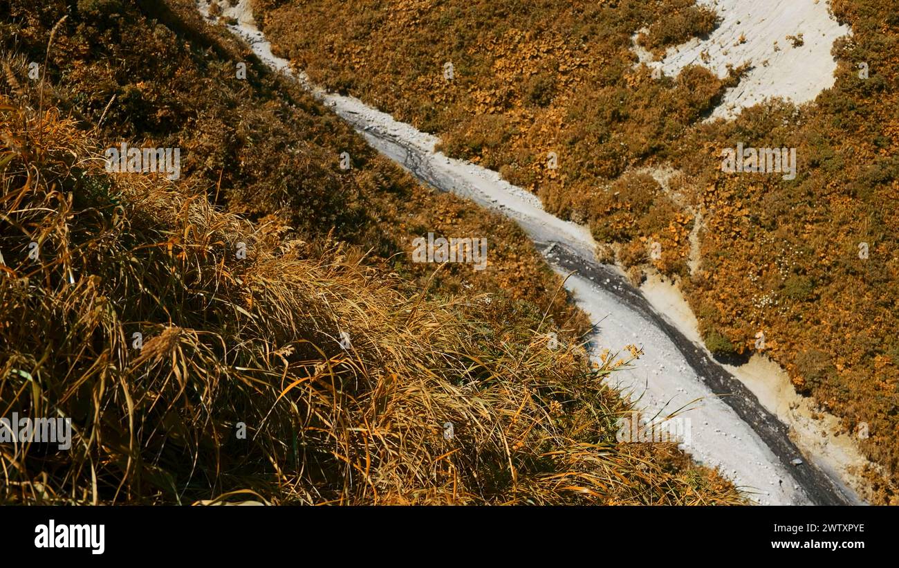View of beautiful valley with river and grass by white rocks. Clip ...