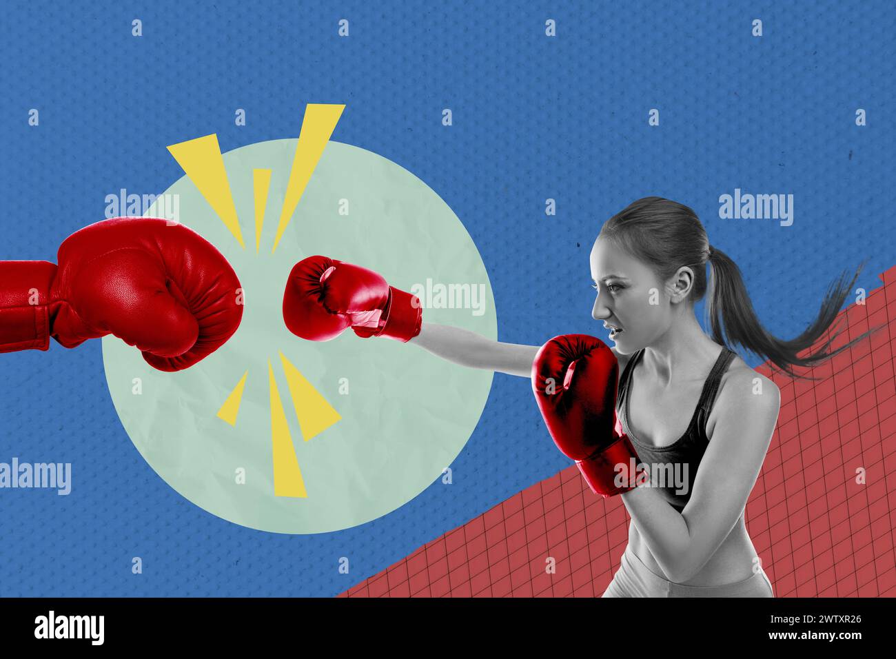 Creative poster collage of confident sportive female boxing training ...